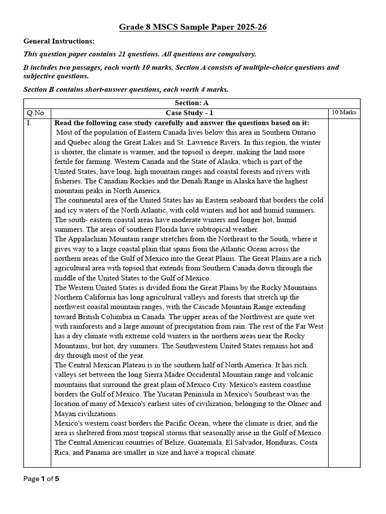 Grade 8 MSCS Sample Paper 2025-26 | PDF | Central America | North America