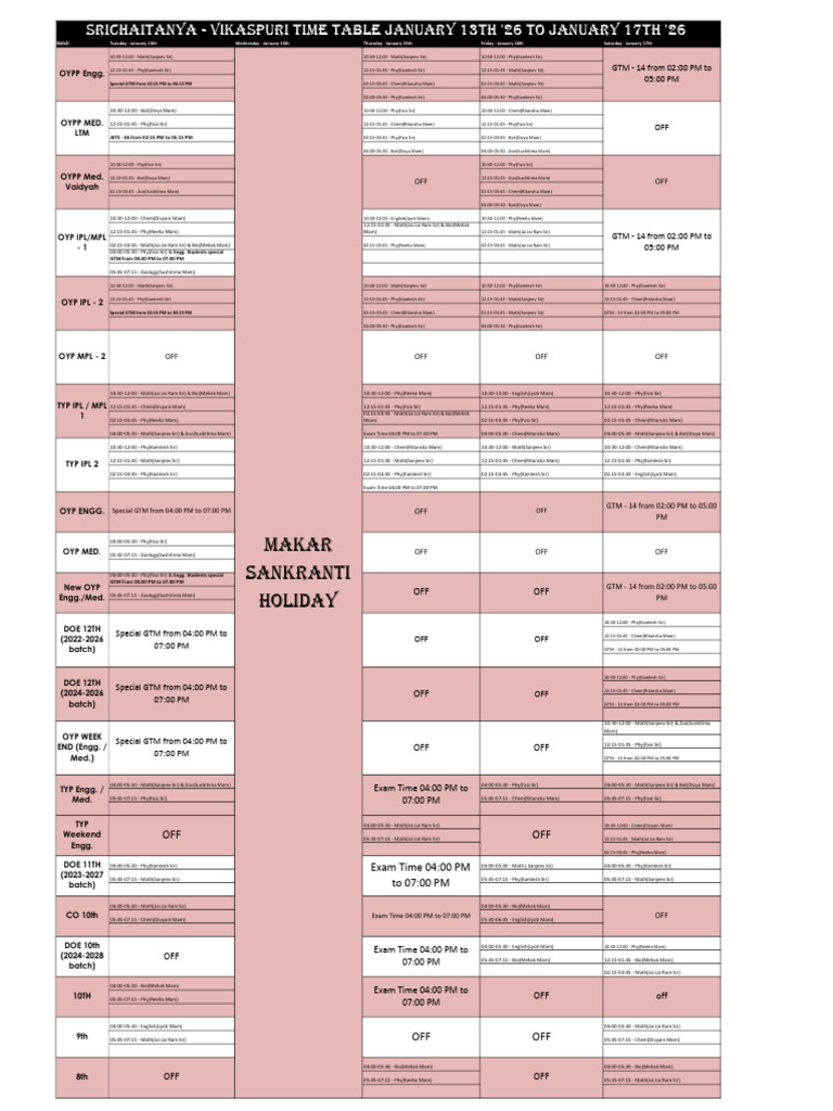 Time Table - January 13th, 2026 To January 17th, 2026 | PDF