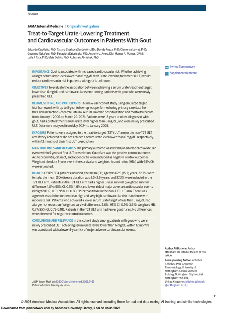 Treat-to-Target Urate-Lowering Treatment and Cardiovascular Outcomes in ...