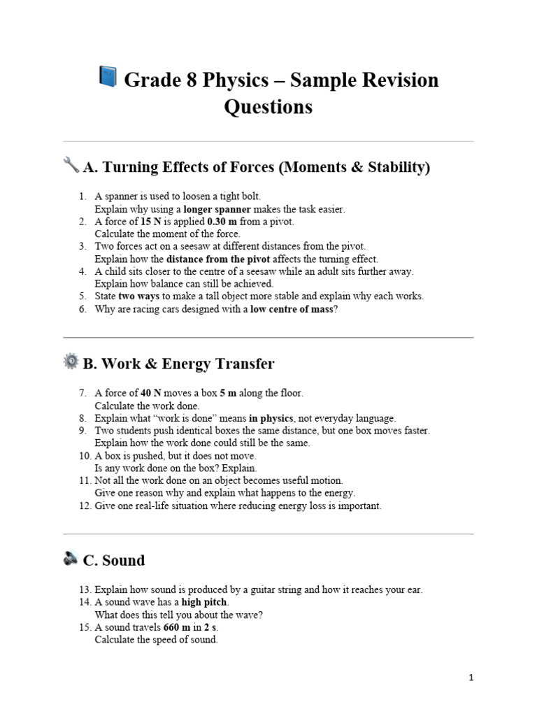? Grade 8 Physics Sample Revision Questions | PDF | Light ...