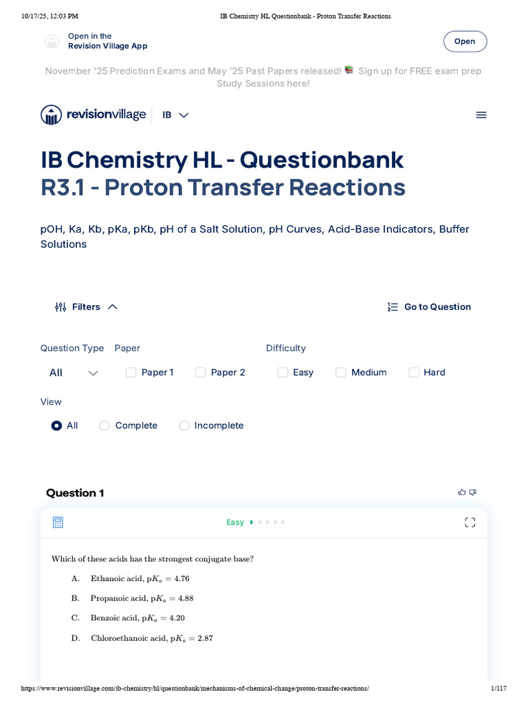 IB Chemistry HL Questionbank - Proton Transfer Reactions 2 | PDF | Acid ...