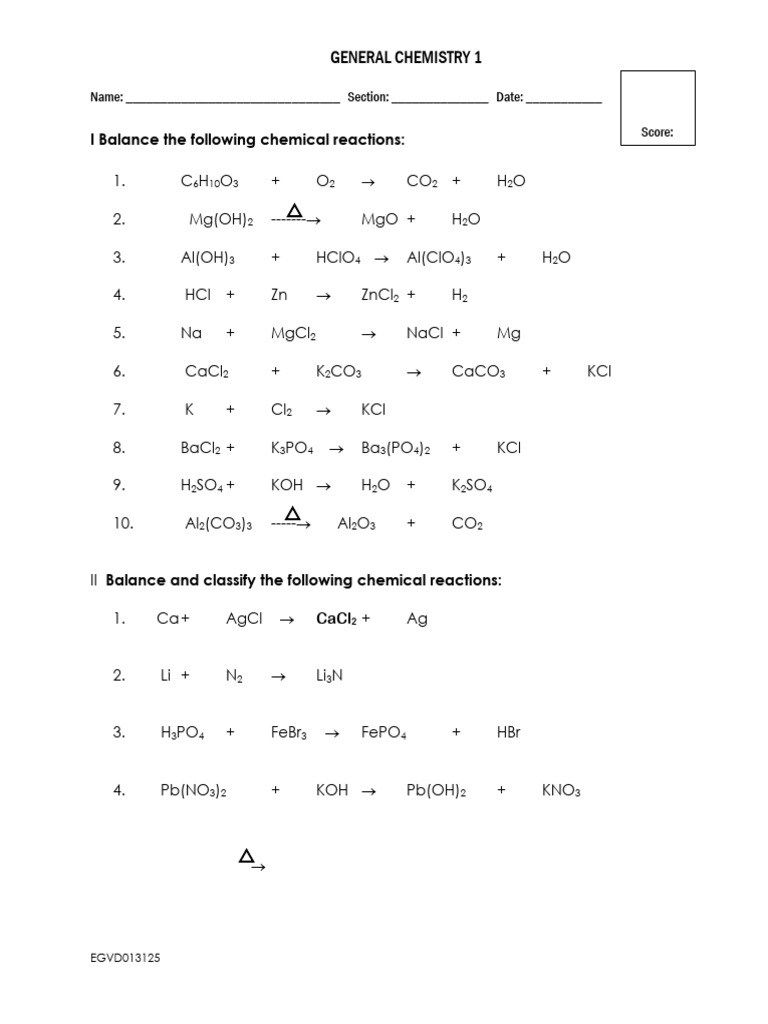 Balancing and Classifying Chemical Rxns SHS | PDF