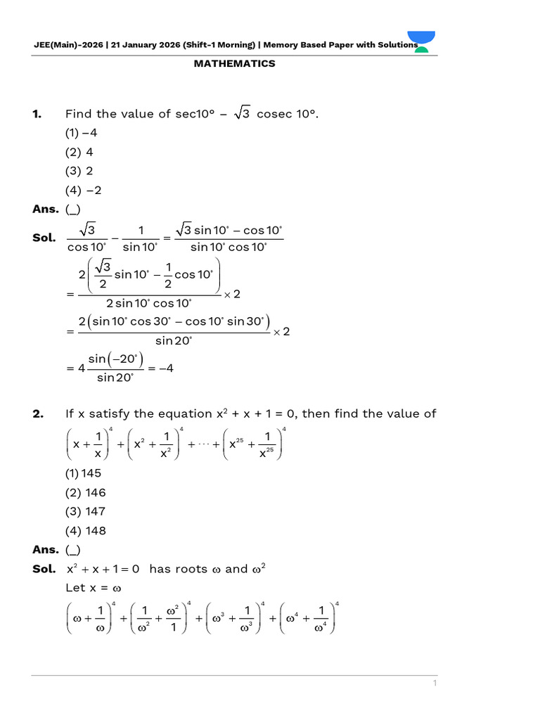Mathematics JM Shift-1 21-01-2026 FC | PDF | Mathematics | Elementary ...