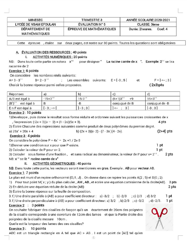 MATHÉMATIQUES - LYCÉE DE NSAM ÉFOULAN - ÉVALUATION N°5 - CLASSE 3ÈME ...