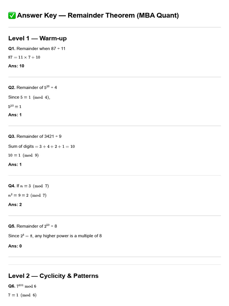 06.1-Remainder Theorem Answer Key | PDF