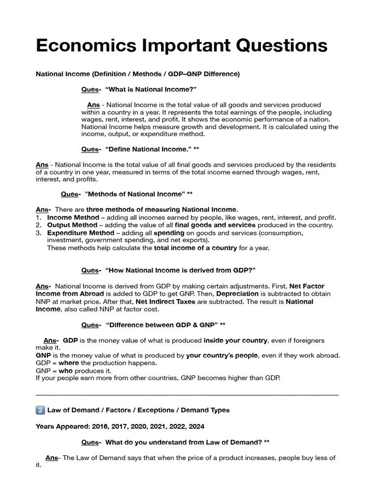 Economics Important Questions | PDF | Measures Of National Income And ...