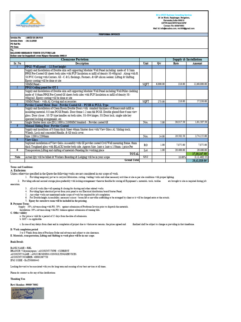 Performa Invoice No - Abcs-2025-26-010 DT.24.12.2025 | PDF | Door ...