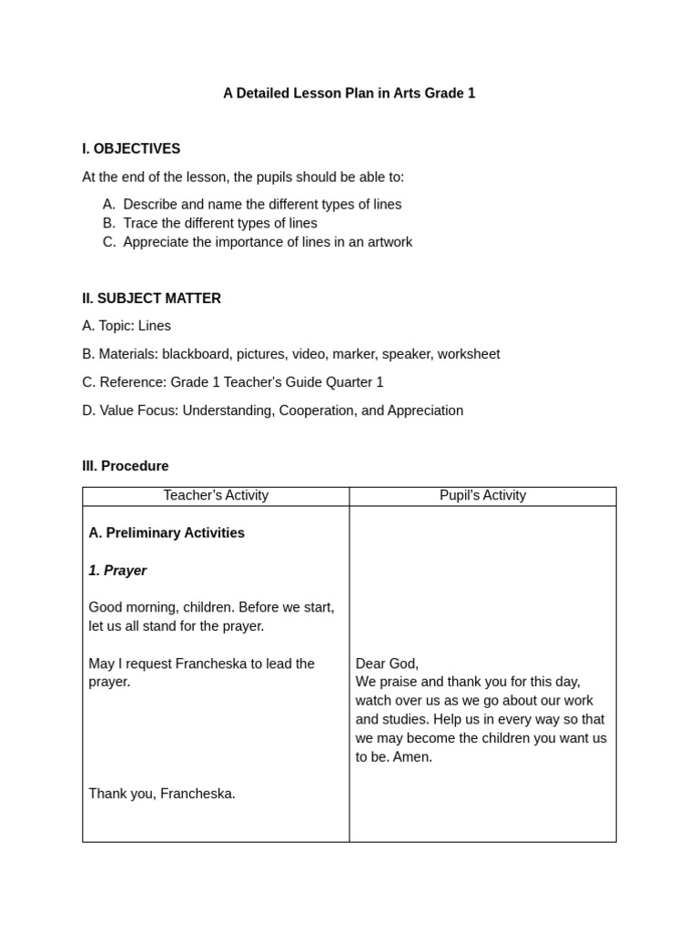 A Detailed Lesson Plan in Arts Grade 1 | PDF | Lesson Plan | Teachers