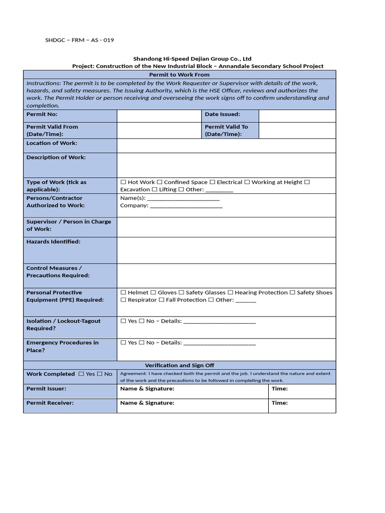 SHDGC - FRM - AS019 - Permit to Work Form | PDF