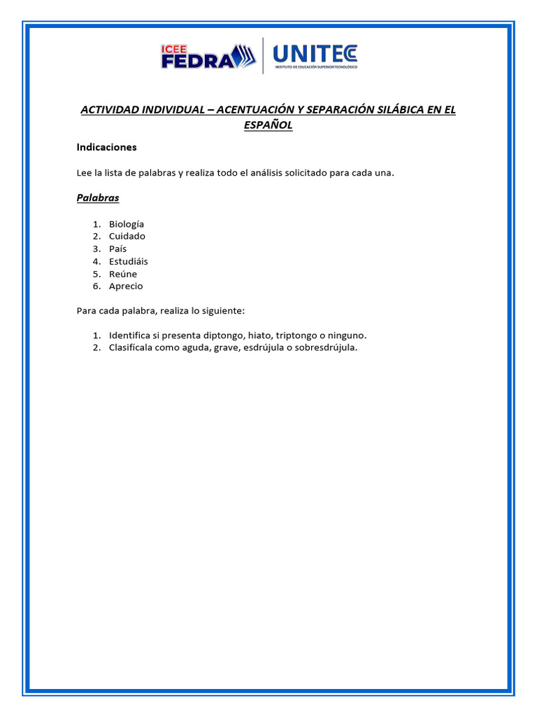 Actividad Práctica - Acentuación y Separación Silábica en El Español | PDF
