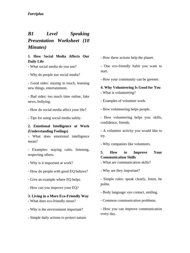 B1 Presentation Worksheet | PDF