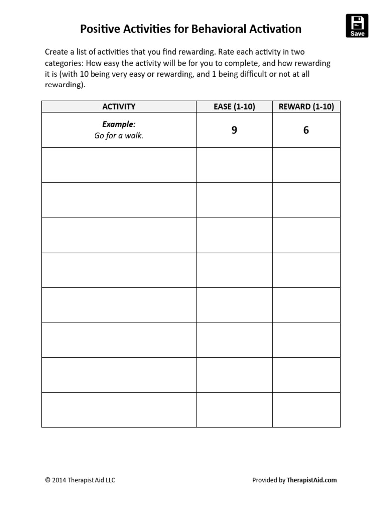 Activities Behavioral Activation Fillable English | PDF