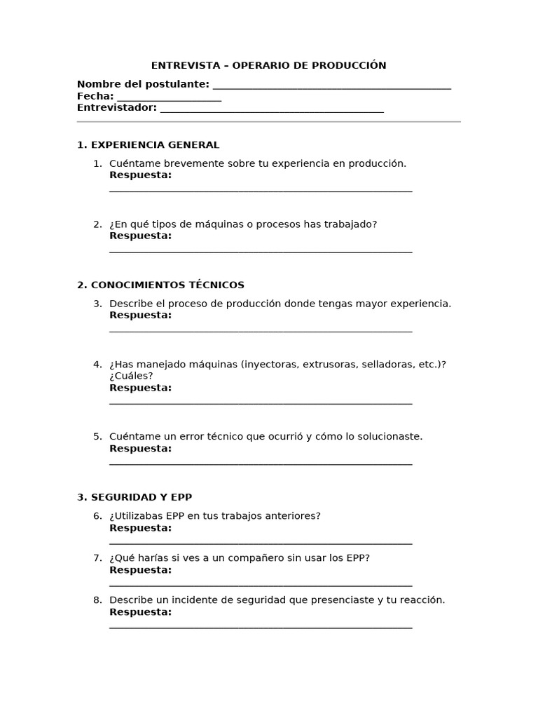 ENTREVISTA Operario de Produccion | PDF