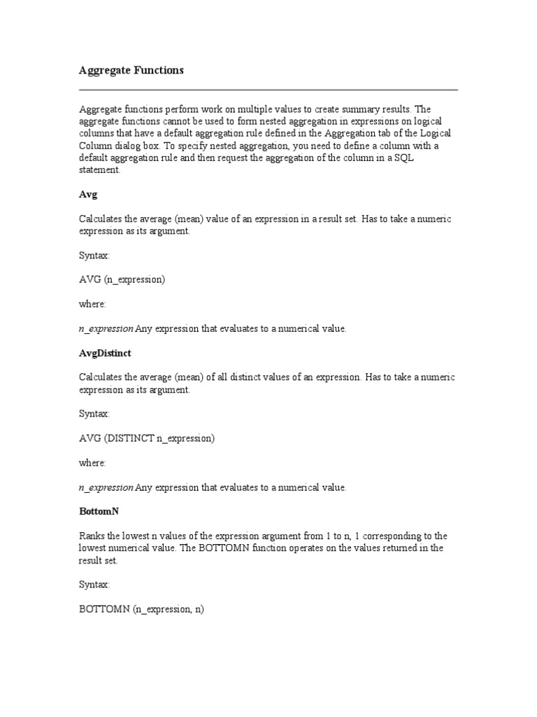 Aggregate Functions - in OBIEE | PDF | Sql | Parameter (Computer Programming)