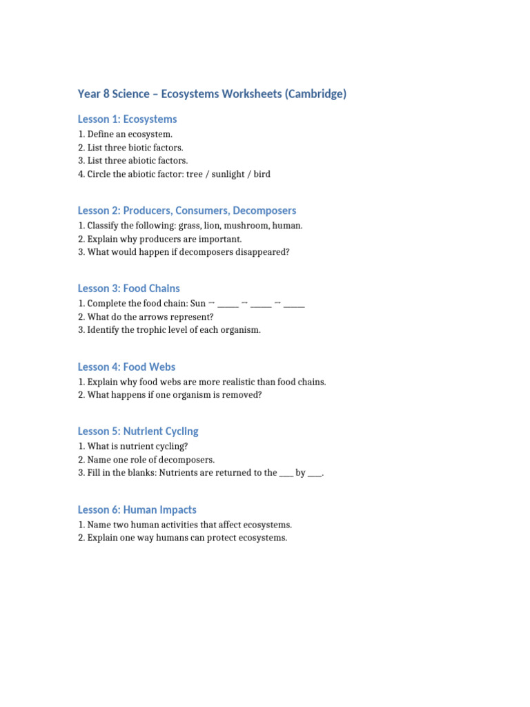 Year 8 Ecosystems Cambridge Worksheets | PDF