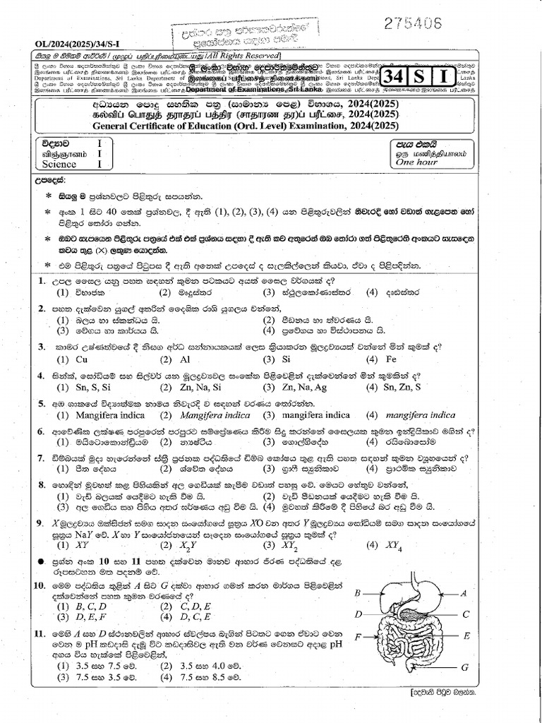 20242025 OL Science Past Paper (1) | PDF