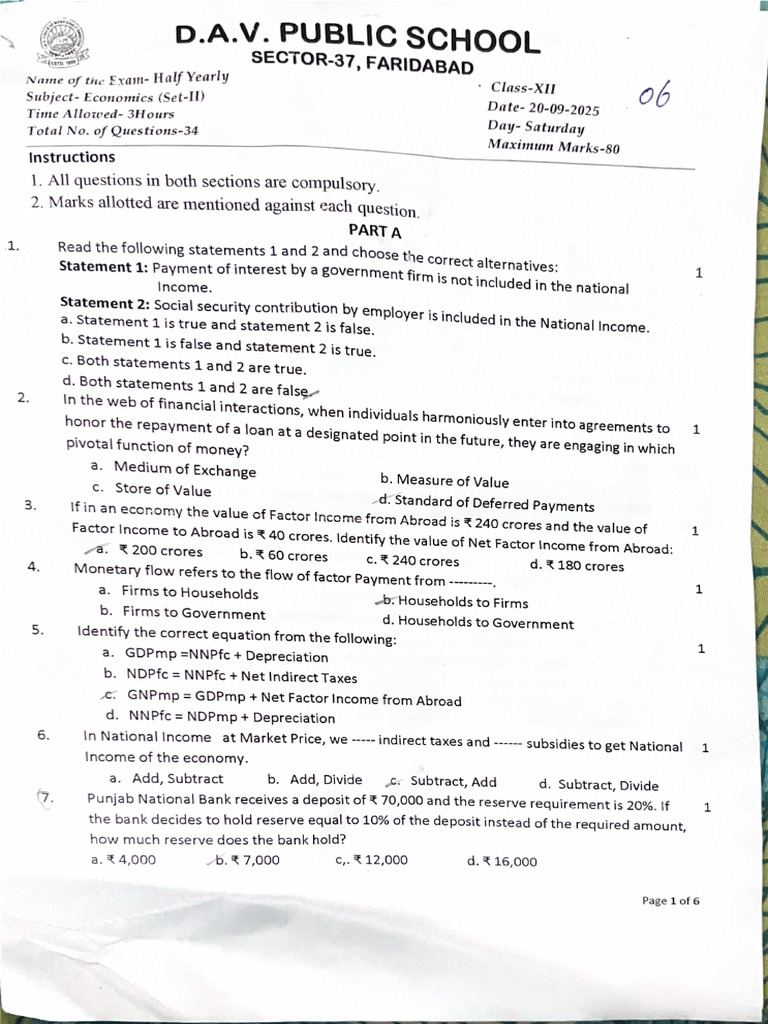DAV Eco Half Yearly Paper | PDF