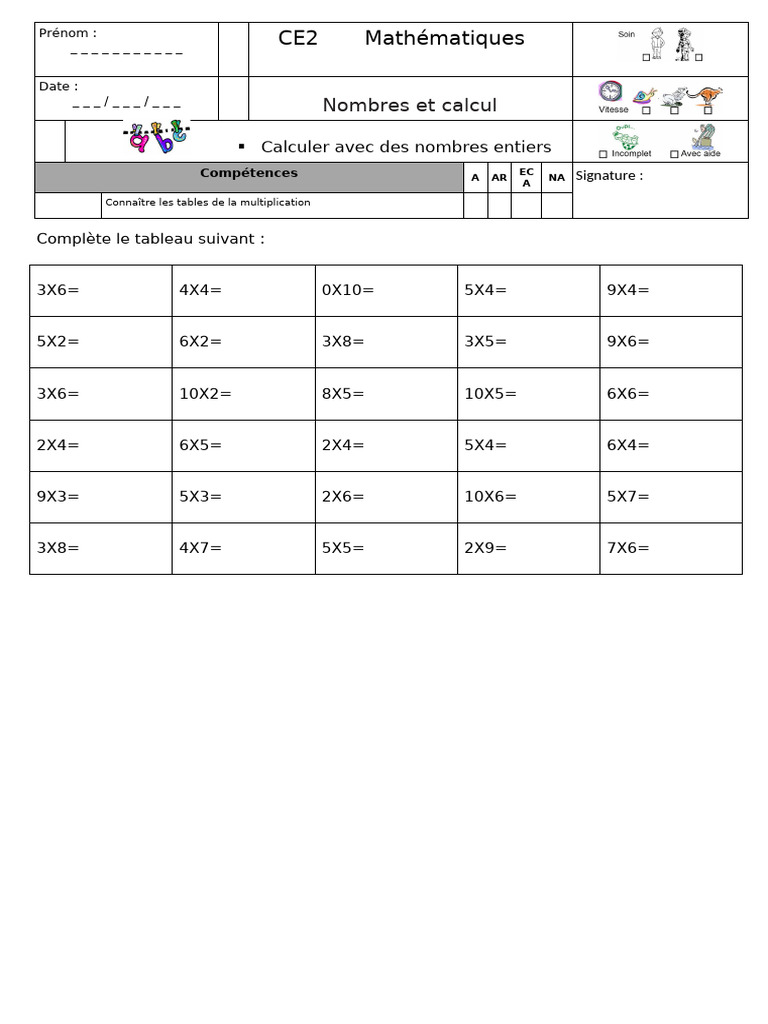 Evaluation Maths Tables CE2 2 À 5 | PDF