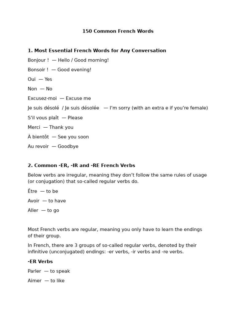 150 Common French Words | PDF | Grammatical Gender | Semantic Units