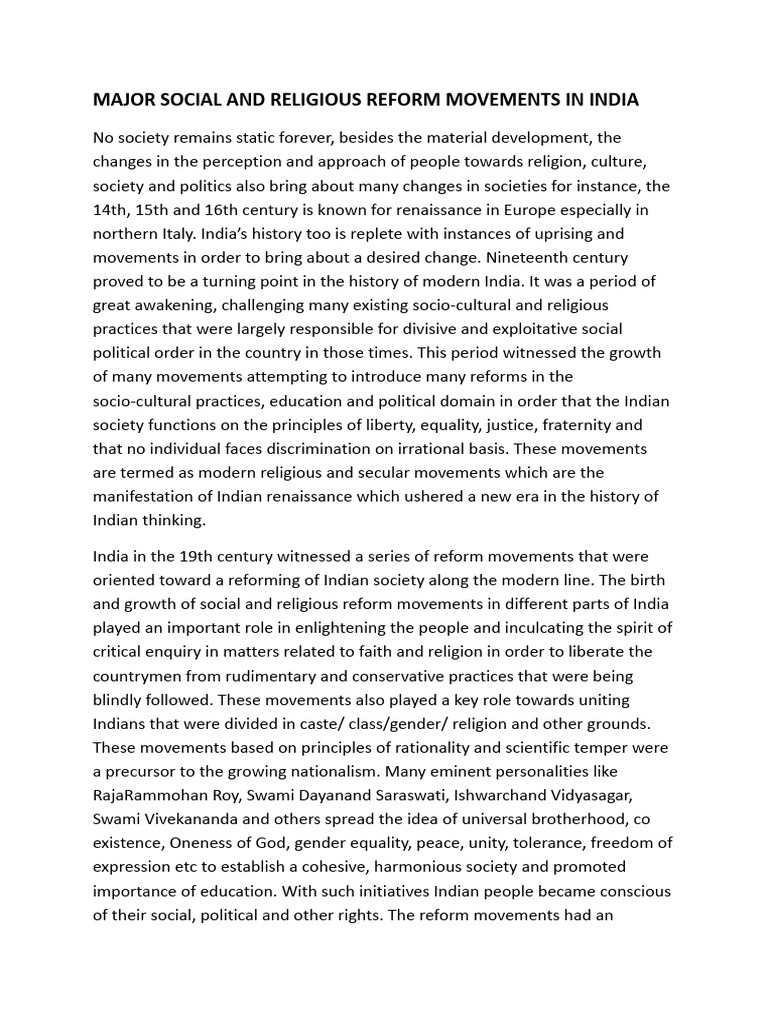 Major Social and Religious Reform Movements in India | PDF | Theosophy