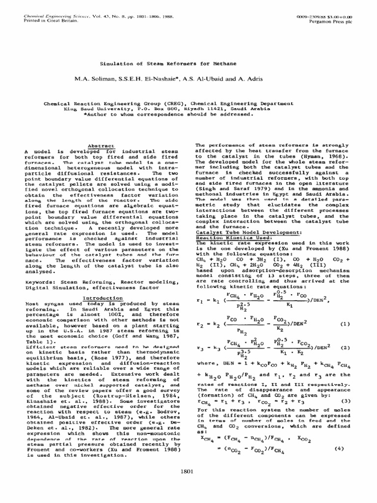 Methane Steam Reformer Simulation | PDF | Reaction Rate | Gases
