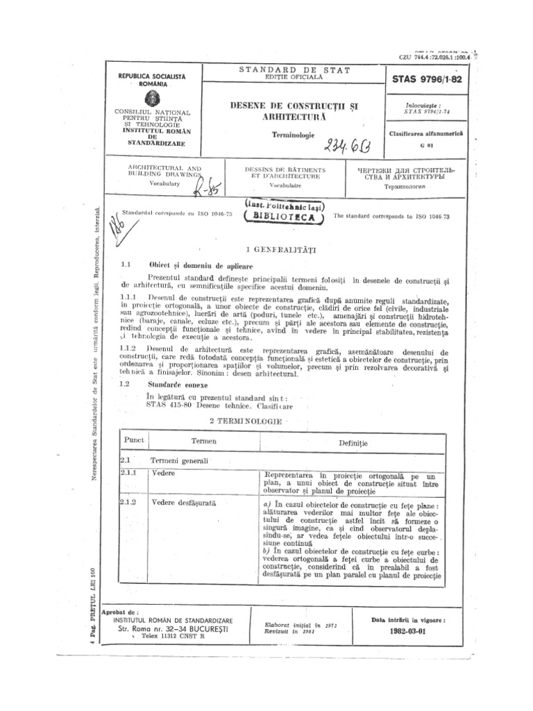 STAS 9796-1-82 - Desene de Constructii Si Arhitectura.terminologie | PDF