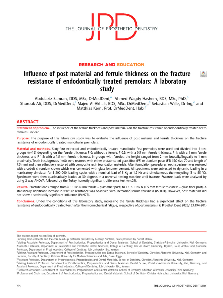 @ Influence of Post Material and Ferrule Thickness on the Fracture ...