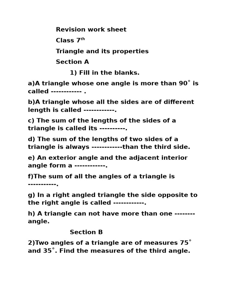 Revision Work Sheet Triangle and Its Properties | PDF | Triangle | Angle