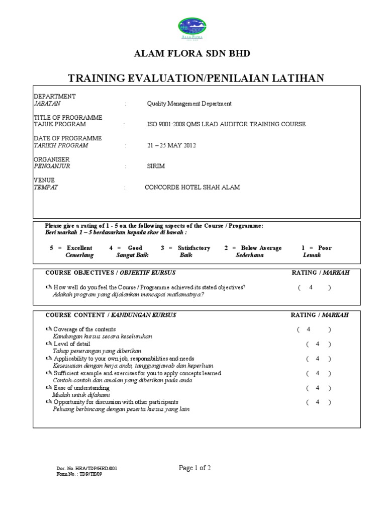 Training Evaluation for ISO 9001 Course | PDF