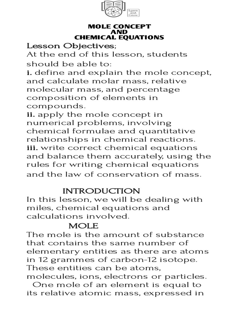 Mole Concept and Chemical Equations | PDF | Mole (Unit) | Chemistry