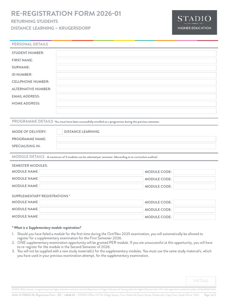 STADIO 2026 Re-Registration Form - Krugersdorp | PDF | Academia ...