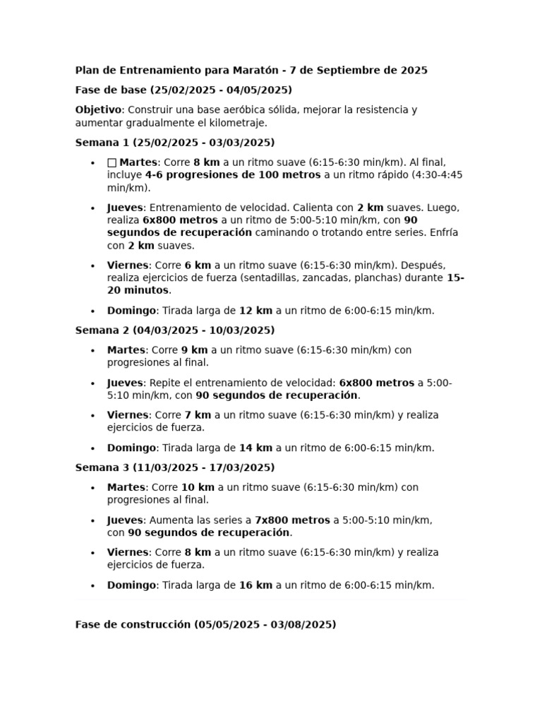 Plan de Entrenamiento Maraton 7 de Septiembre | PDF
