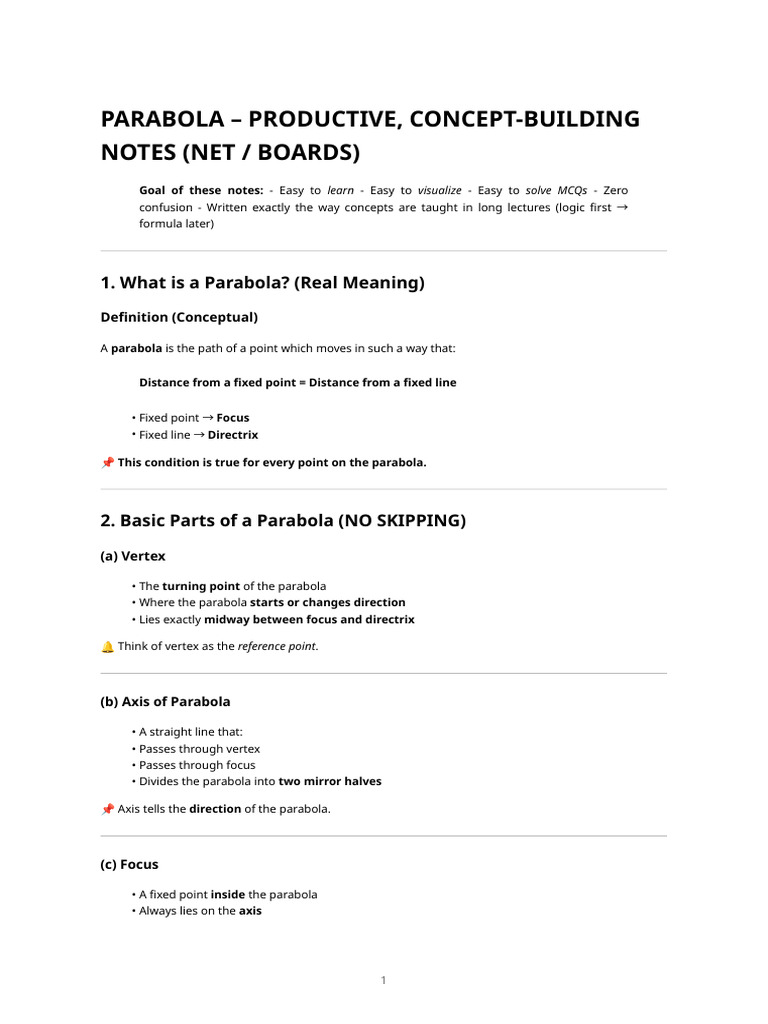 Parabola - Productive & Concept-Building Notes (Hashim Zia Style) | PDF ...