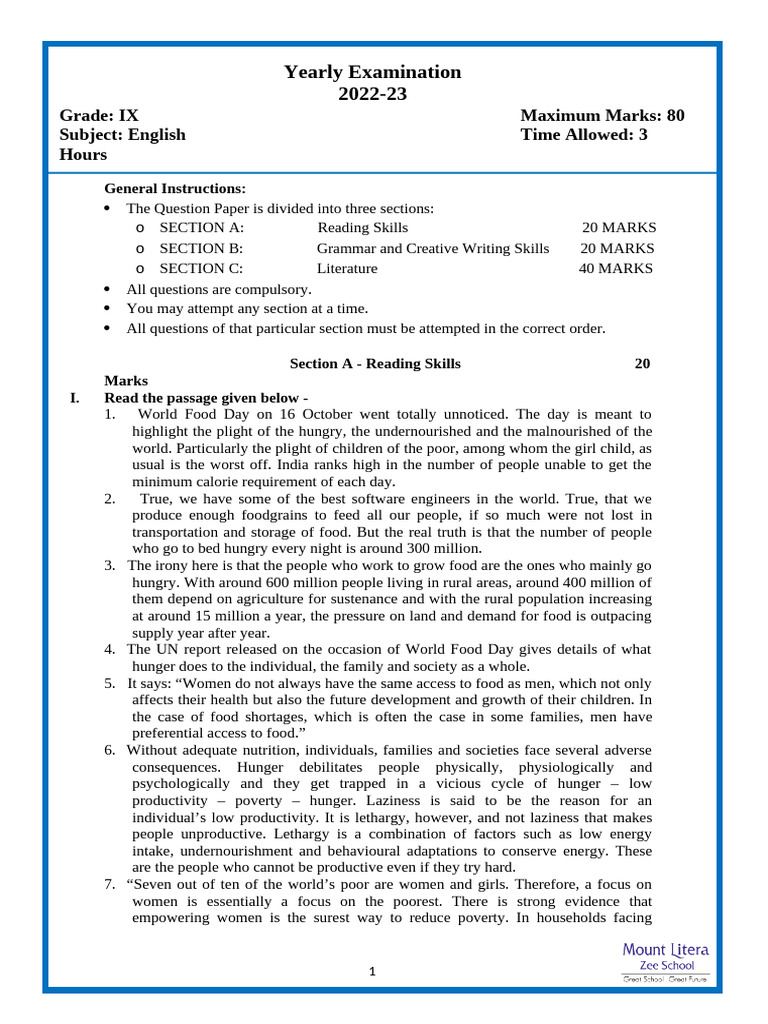 CBSE_English_G9_Yearly_QP | PDF | Malnutrition