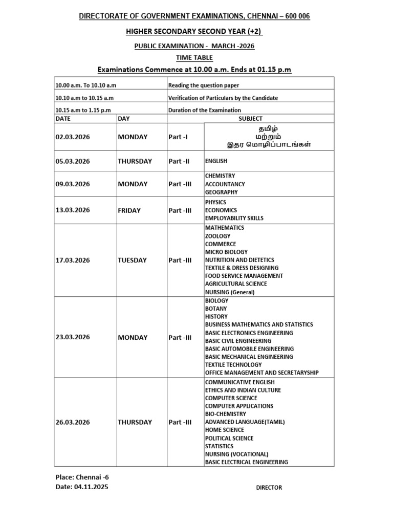 12th Standard - PUblic Exam Time Table 2026 - PDF Download | PDF