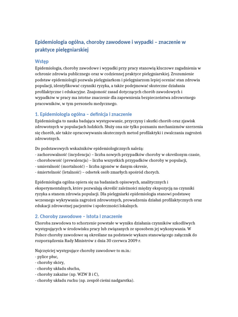 Epidemiologia Choroby Zawodowe I Wypadki | PDF
