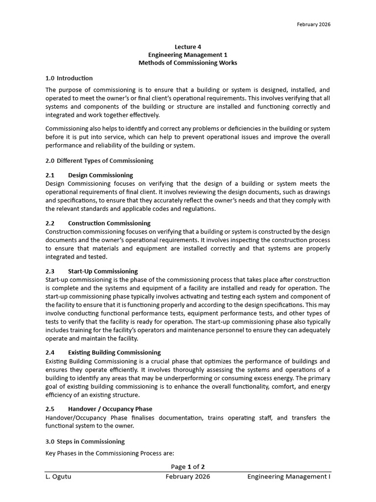 Lecture 4 - Commissioning Civil Works - 02.02.2026 | PDF ...