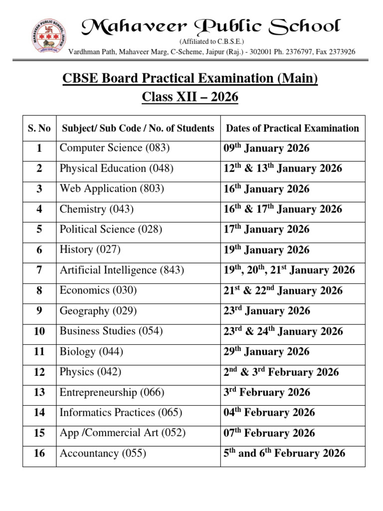 PDF - CBSE Board Practical Examination (Main) - CLASS XII - 2026 | PDF