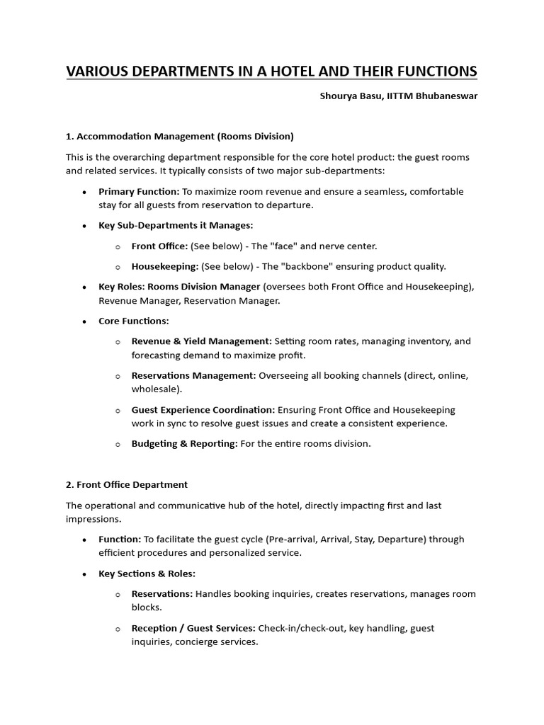 Various Departments in a Hotel and Their Functions | PDF | Chef
