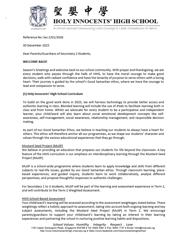 2026 Sec 2 Letter To Parents (Term 1) - 20260202 - 162710 | PDF | Learning