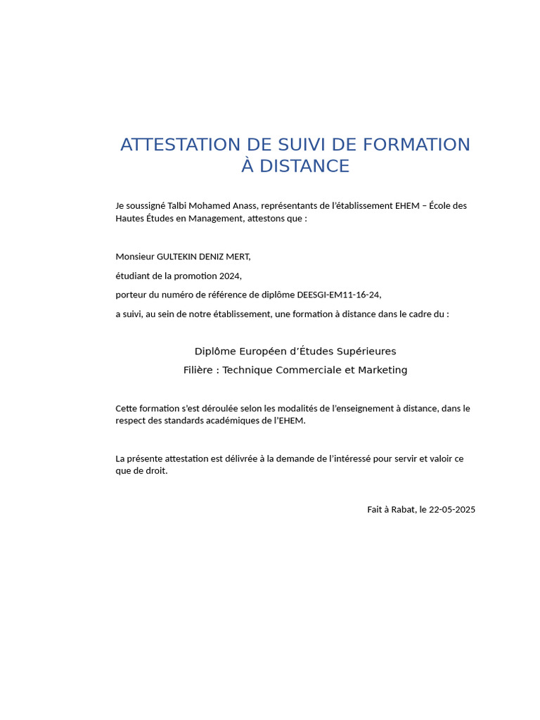 Attestation de Suivi de Formation À Distance | PDF