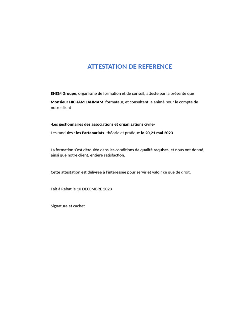 Attestation de Reference 1 | PDF