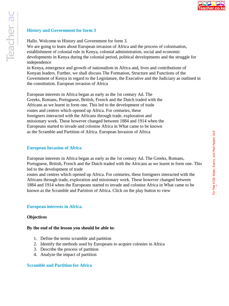 History Form 3 Notes Teacher - Co .Ke | PDF | British Empire | Kenya