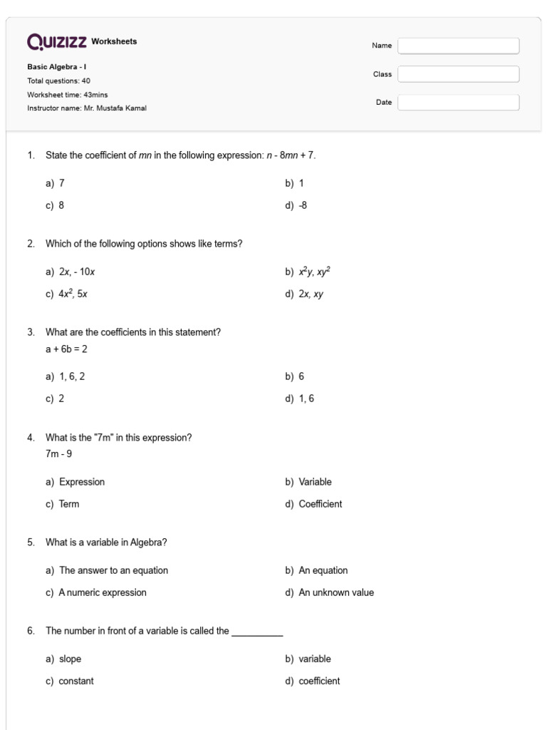Ahmad's Basic Algebra Quiz | PDF | Equations | Variable (Mathematics)