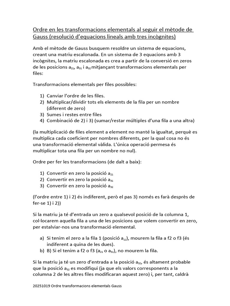 Ordre Transformacions Elementals Gauss | PDF