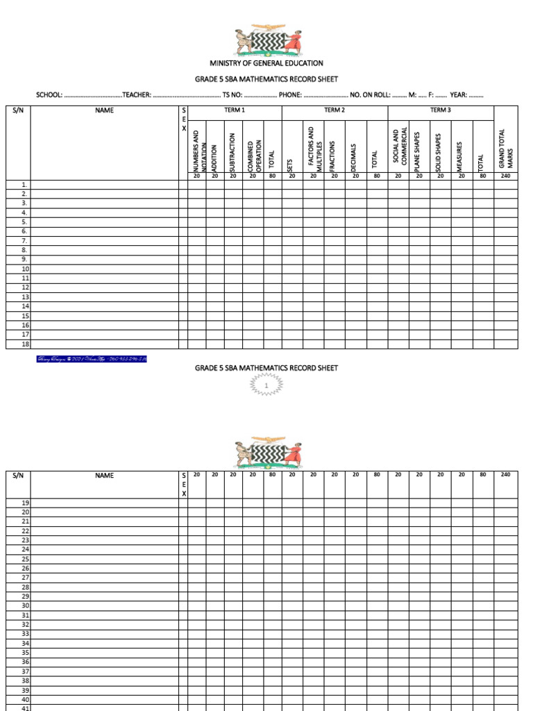 Grade 5 Sba Mathematics Record Sheet-1 | PDF | Chess Theory | Arithmetic