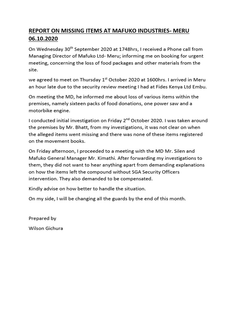 Loss of Items at Mafuko Meru Oct 2020 | PDF