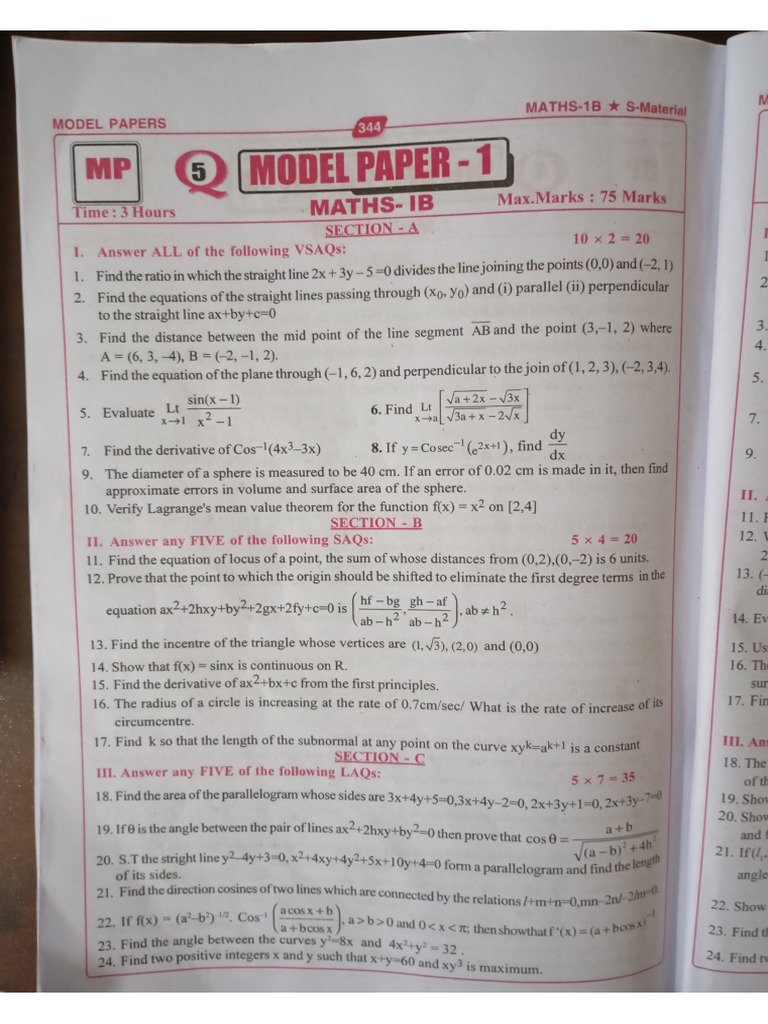 Class 11 Maths 1B Model Paper | PDF