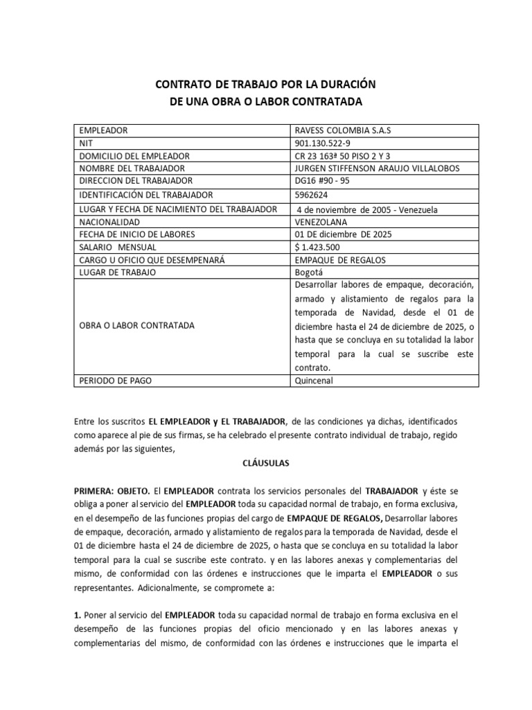 Modelo Contrato Obra Labor - Empaque de Regalos - Jurgen Stiffenson ...