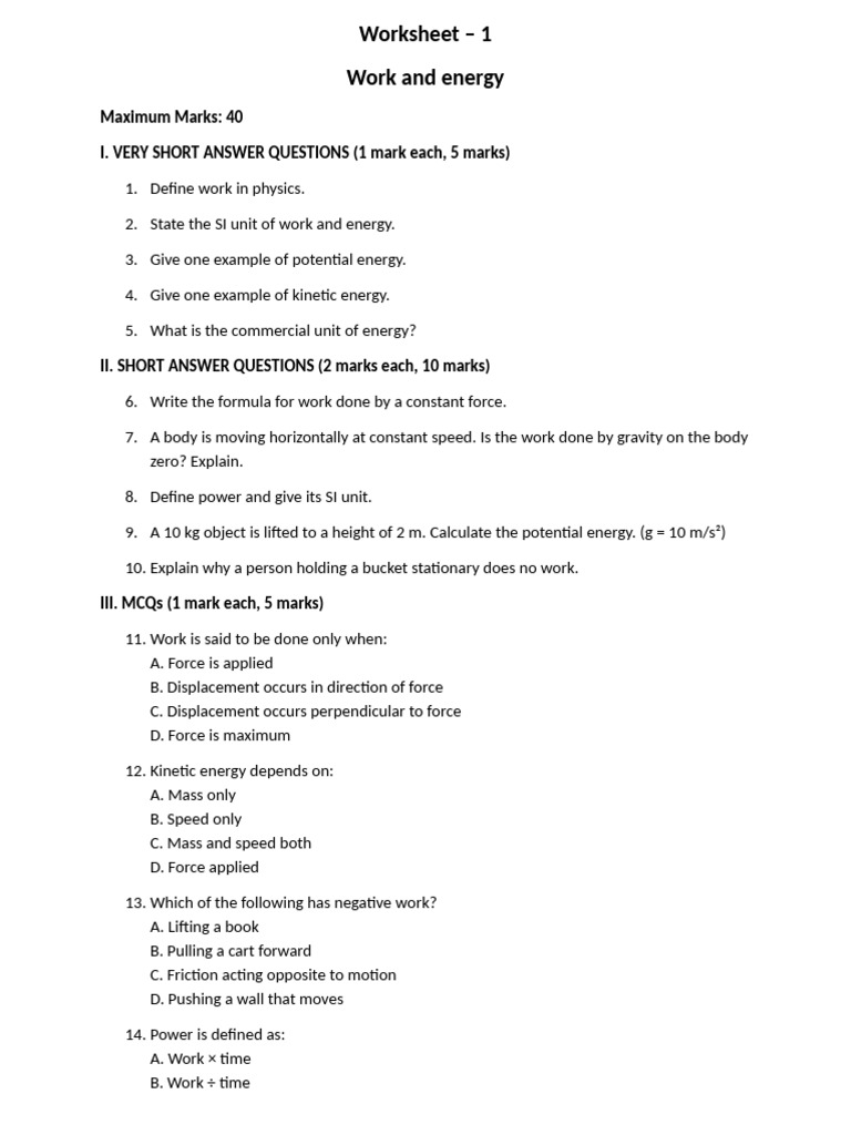 Worksheet - 1work & Energy | PDF | Force | Potential Energy
